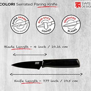 KUHN RIKON COLORI Non-Stick Serrated Paring Knife with Safety Sheath, 4 inch/10.16 cm Blade, Black