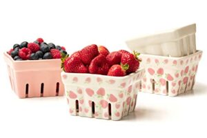 farmhouse ceramic berry basket, colander, strawberry decor, fruit bowls, fruit baskets, kawaii strawberry kitchen bowl, pink white and cute strawberry pattern stoneware harvest square bowls set of 4