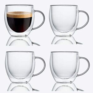 zoneyila double wall glass coffee mugs set with handle, 8oz tea cups, clear glass drinkware for espresso, cappuccino, latte, hot beverages[4-pack,8 ounce]