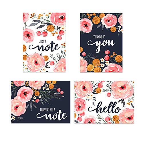 Canopy Street Watercolor Blue And Pink Floral Greeting Cards / 24 All Occasions Cards With Envelopes / 4 7/8" x 3 1/2" Thank You Cards