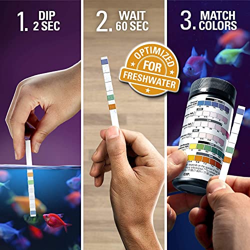 Freshwater Aquarium Test Strips 6 in 1 - Fish Tank Test Kit for Testing pH Nitrite Nitrate Chlorine General & Carbonate Hardness (GH & KH) - Easy to Read Wide Strips & Full Water Testing Guide - 64 Ct