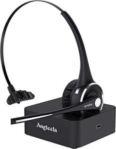 trucker bluetooth angteela headset with microphone, wireless cell phone headset with noise canceling mic charging base mute function for home office call center skype