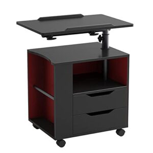 SogesHome Height Adjustable Nightstand with Lockable Wheels, Over-Bed Movable Bedside Table with 2-Drawers, Bedroom Side Storage Cabinet with 1-Open Cube, Black