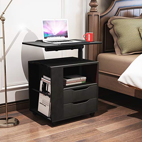 SogesHome Height Adjustable Nightstand with Lockable Wheels, Over-Bed Movable Bedside Table with 2-Drawers, Bedroom Side Storage Cabinet with 1-Open Cube, Black