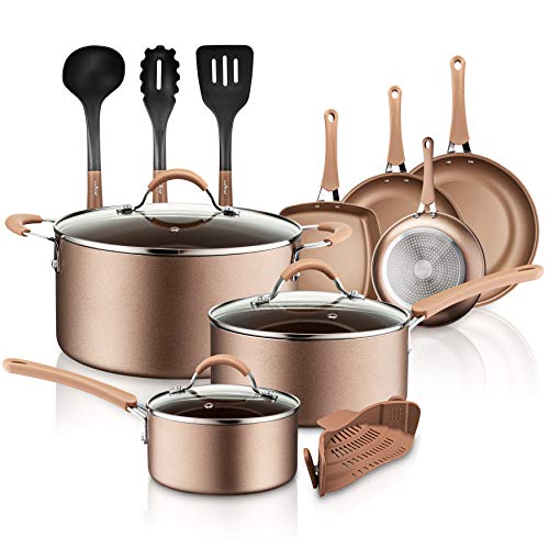 NutriChef PTFE/PFOA/PFOS 14-Piece Nonstick Kitchen Cookware, Set w/Saucepan, Frying Pans, Cooking Pots, Dutch Oven Pot, Lids, Utensil, Gold