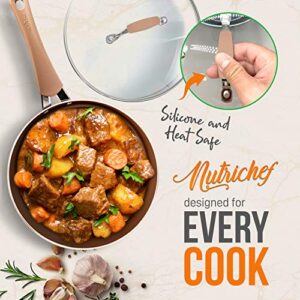 NutriChef PTFE/PFOA/PFOS 14-Piece Nonstick Kitchen Cookware, Set w/Saucepan, Frying Pans, Cooking Pots, Dutch Oven Pot, Lids, Utensil, Gold