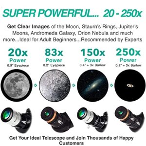 Telescope for Astronomy for Adult Beginners - Professional, Portable and Powerful 20x-250x - Easy to Mount and Use - Astronomical Telescope for Moon, Planets and Stargazing