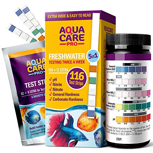 Freshwater Aquarium Test Strips 5 in 1 - Pond or Fish Tank Test Kit for Testing pH Nitrite Nitrate General & Carbonate Hardness (GH & KH) - Easy to Read Wide Strips & Full Water Testing Guide, 116 Ct