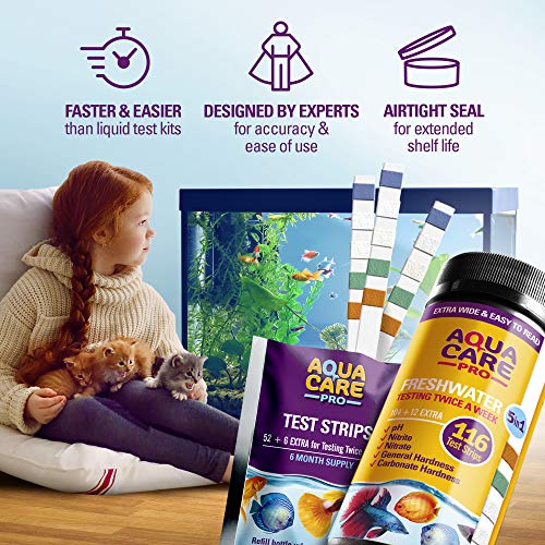 Freshwater Aquarium Test Strips 5 in 1 - Pond or Fish Tank Test Kit for Testing pH Nitrite Nitrate General & Carbonate Hardness (GH & KH) - Easy to Read Wide Strips & Full Water Testing Guide, 116 Ct