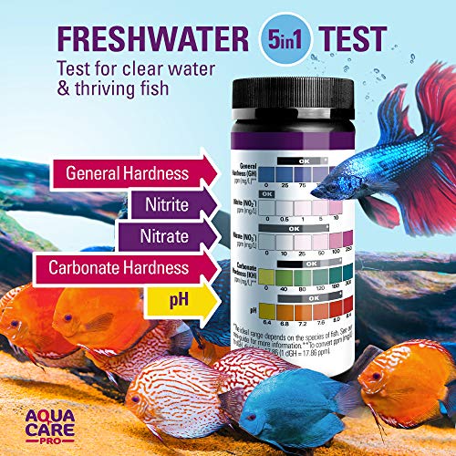 Freshwater Aquarium Test Strips 5 in 1 - Pond or Fish Tank Test Kit for Testing pH Nitrite Nitrate General & Carbonate Hardness (GH & KH) - Easy to Read Wide Strips & Full Water Testing Guide, 116 Ct