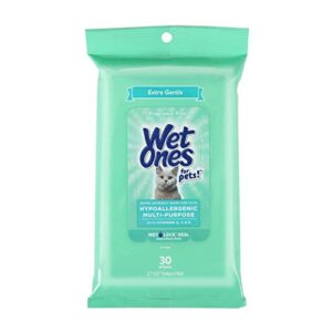 wet ones for pets hypoallergenic multi-purpose wipes for cats | extra gentle fragrance-free cat grooming wipes with vitamins a, c, & e, wipes with wet lock seal | 30 count pouch cat wipes