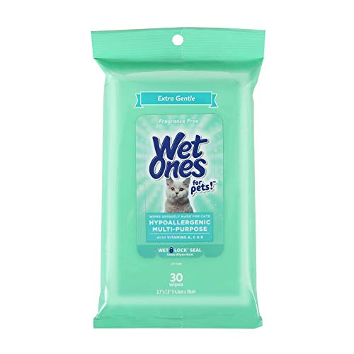 Wet Ones for Pets Hypoallergenic Multi-Purpose Wipes for Cats | Extra Gentle Fragrance-Free Cat Grooming Wipes with Vitamins A, C, & E, Wipes with Wet Lock Seal | 30 Count Pouch Cat Wipes