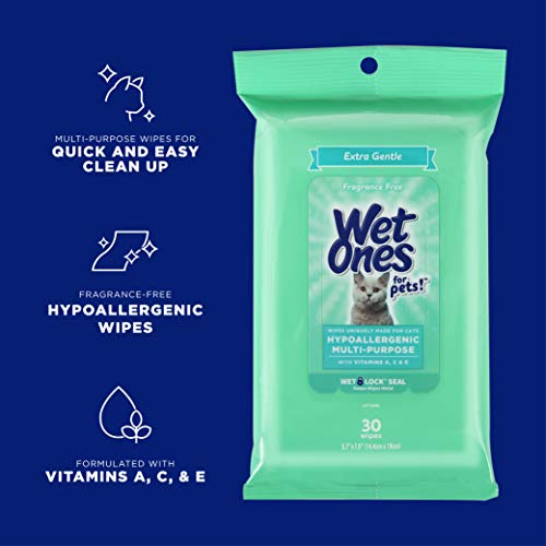 Wet Ones for Pets Hypoallergenic Multi-Purpose Wipes for Cats | Extra Gentle Fragrance-Free Cat Grooming Wipes with Vitamins A, C, & E, Wipes with Wet Lock Seal | 30 Count Pouch Cat Wipes