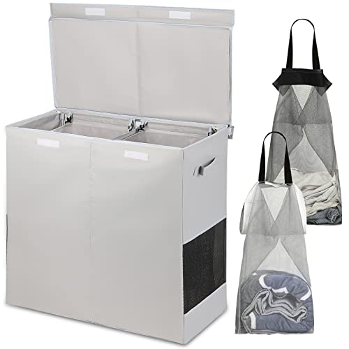 HOUSE AGAIN Double Laundry Hamper with Lid and Removable Laundry Bags, 160L, 2 Divider Dirty Clothes Hamper with Handles for Bedroom, Dorm, Foldable Laundry Basket Organizer, Dual hamper (Grey)