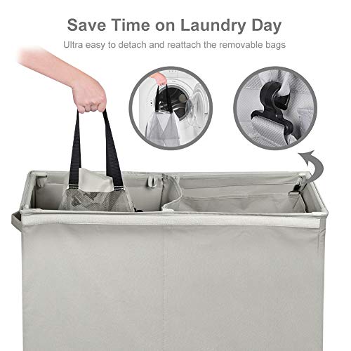 HOUSE AGAIN Double Laundry Hamper with Lid and Removable Laundry Bags, 160L, 2 Divider Dirty Clothes Hamper with Handles for Bedroom, Dorm, Foldable Laundry Basket Organizer, Dual hamper (Grey)