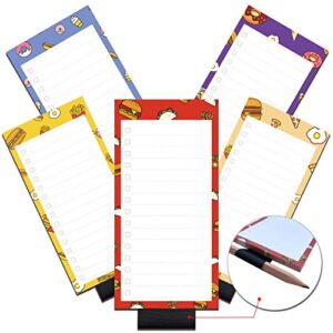 5 pack magnetic notepads with pen holder for fridge, full magnet back notepad, to do list, grocery shopping, fast food theme, 6 x 3 inches, 50 sheets, memo pad for fridge, locker, file cabinet, etc