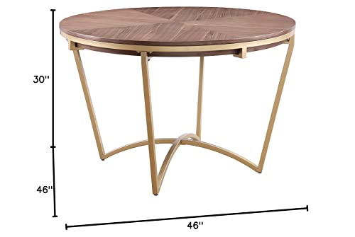 Meridian Furniture Eleanor Collection Modern | Contemporary Rich Walnut Veneer Dining Table with Brushed Gold Base in Natural Finish, 46" W x 46" D x 30" H