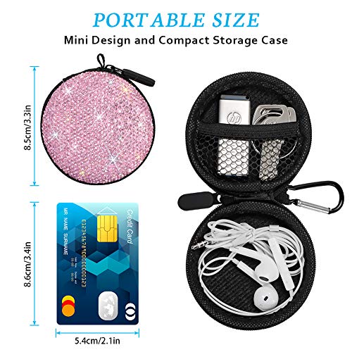 SAVORI Earphone Case Earbuds Small Carrying Cases Bling Rhinestone Crystal Portable Headphone Organizer Storage Pouch Bag with Carabiner 1 Pack (Pink)