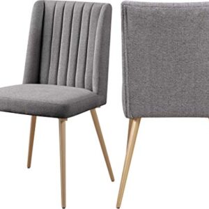 Meridian Furniture Eleanor Collection Modern | Contemporary Linen Upholstered Dining Chair with Channel Tufted Wing Back and Brushed Gold Legs, Set of 2, 20" W x 23.5" D x 35.5" H, Grey