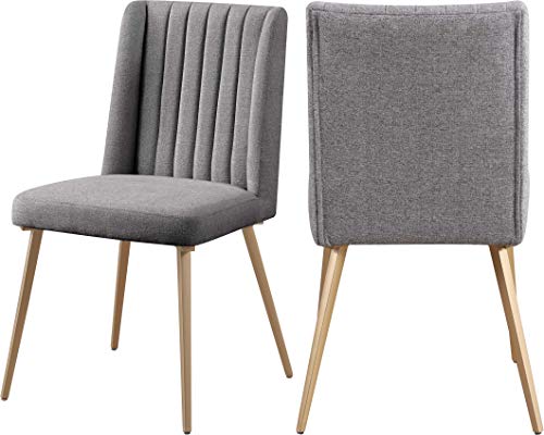 Meridian Furniture Eleanor Collection Modern | Contemporary Linen Upholstered Dining Chair with Channel Tufted Wing Back and Brushed Gold Legs, Set of 2, 20" W x 23.5" D x 35.5" H, Grey