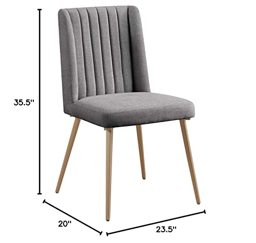 Meridian Furniture Eleanor Collection Modern | Contemporary Linen Upholstered Dining Chair with Channel Tufted Wing Back and Brushed Gold Legs, Set of 2, 20" W x 23.5" D x 35.5" H, Grey