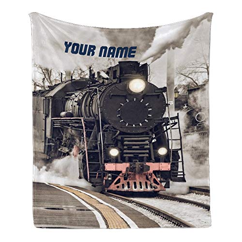 CUXWEOT Custom Blanket with Name Text,Personalized Retro Steam Train Super Soft Fleece Throw Blanket for Couch Sofa Bed (50 X 60 inches)