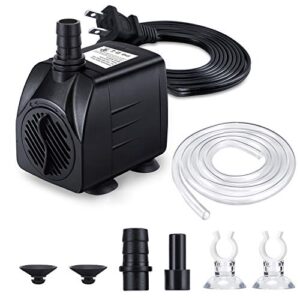 cwkj fountain pump, 220gph(15w 900l/h) submersible water pump, durable outdoor fountain water pump with 6.5ft tubing (id x 1/3-inch), 3 nozzles for aquarium, pond, fish tank, water pump hydroponics