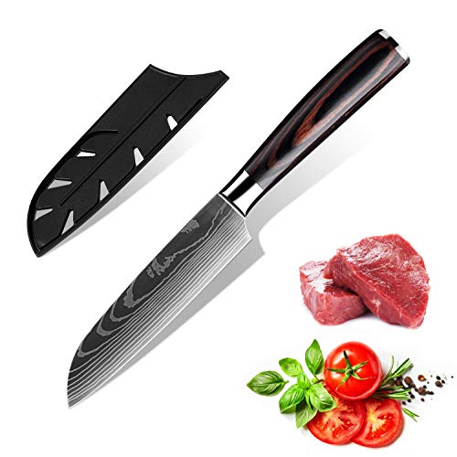 KEPEAK Santoku Knife 5 Inch, Kitchen Chopping Knives for Vegetable Fruit Cutting Slicing, High Carbon Steel, Pakkawood Handle