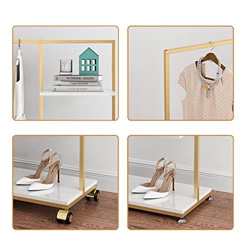 FONECHIN Metal Gold Clothing Rack for Boutique Use, Heavy Duty Garment Rack with Shelves for Retail Display (59L inches)