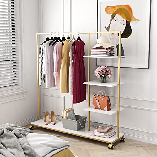 FONECHIN Metal Gold Clothing Rack for Boutique Use, Heavy Duty Garment Rack with Shelves for Retail Display (59L inches)