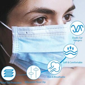 50pcs Disposable Face Masks, 3 Ply Safety Masks with Elastic Earloops and Adjustable Nose-bridge, Blue Breathable Mouth Masks for Protection against Air Pollution, Dust, Pollen