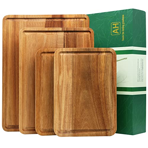 AZRHOM Large Wood Cutting Boards Set of 4 for Kitchen Cheese Charcuterie Board (Gift Box Included) Acacia Butcher Block with Non-slip Mats, Juice Groove and Handles (16x12, 14x10, double 11x8 inch)