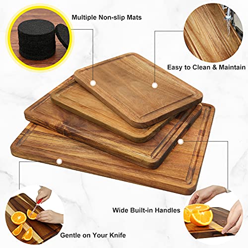 AZRHOM Large Wood Cutting Boards Set of 4 for Kitchen Cheese Charcuterie Board (Gift Box Included) Acacia Butcher Block with Non-slip Mats, Juice Groove and Handles (16x12, 14x10, double 11x8 inch)