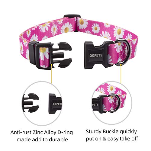 QQPETS Adjustable Soft Dog Collar: Print Flower Pink Multicolor Cute Patterns for XS Small Medium Large Pet Girl Boy Puppy Walking Running Training (M, Small Daisies)