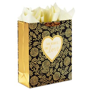 hallmark 15" extra large gift bag with tissue paper ("two hearts, one love" black and gold) for weddings, anniversaries, engagements, valentine's day