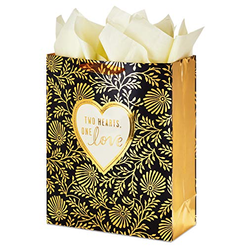 Hallmark 15" Extra Large Gift Bag with Tissue Paper ("Two Hearts, One Love" Black and Gold) for Weddings, Anniversaries, Engagements, Valentine's Day