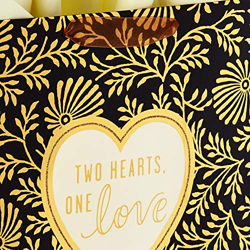 Hallmark 15" Extra Large Gift Bag with Tissue Paper ("Two Hearts, One Love" Black and Gold) for Weddings, Anniversaries, Engagements, Valentine's Day