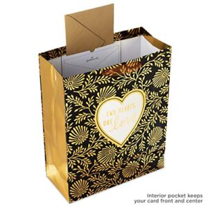 Hallmark 15" Extra Large Gift Bag with Tissue Paper ("Two Hearts, One Love" Black and Gold) for Weddings, Anniversaries, Engagements, Valentine's Day