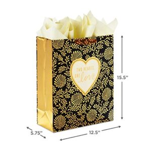 Hallmark 15" Extra Large Gift Bag with Tissue Paper ("Two Hearts, One Love" Black and Gold) for Weddings, Anniversaries, Engagements, Valentine's Day