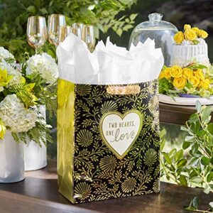 Hallmark 15" Extra Large Gift Bag with Tissue Paper ("Two Hearts, One Love" Black and Gold) for Weddings, Anniversaries, Engagements, Valentine's Day