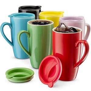 mitbak 6-pack ceramic coffee mug set with lids (16-ounce) | large colored tumbler mugs great for taking your coffee & tea to-go | large insulated mug set excellent choice for camping, travel & office