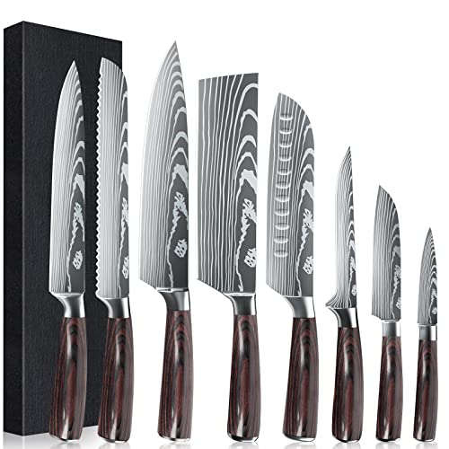 KEPEAK Kitchen Knife Sets 8 piece, 3.5-8 Inch Chef Knives High Carbon Stainless Steel, Pakkawood Handle, Ultra Sharp Cooking Knife for Vegetable Meat Fruit