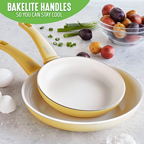 GreenLife Soft Grip Healthy Ceramic Nonstick, 7" and 10" Frying Pan Skillet Set, PFAS-Free, Dishwasher Safe, Yellow