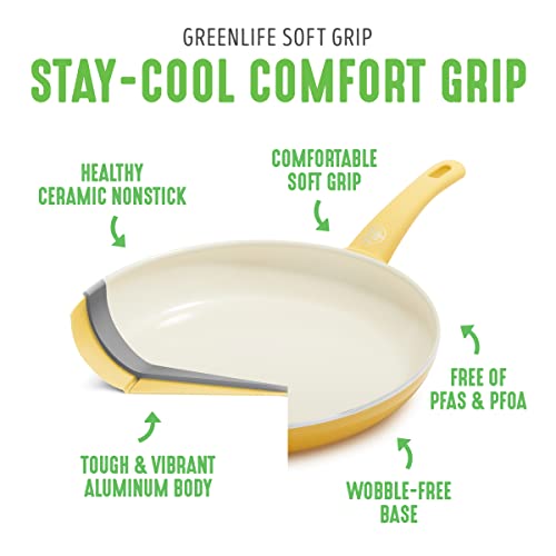 GreenLife Soft Grip Healthy Ceramic Nonstick, 7" and 10" Frying Pan Skillet Set, PFAS-Free, Dishwasher Safe, Yellow