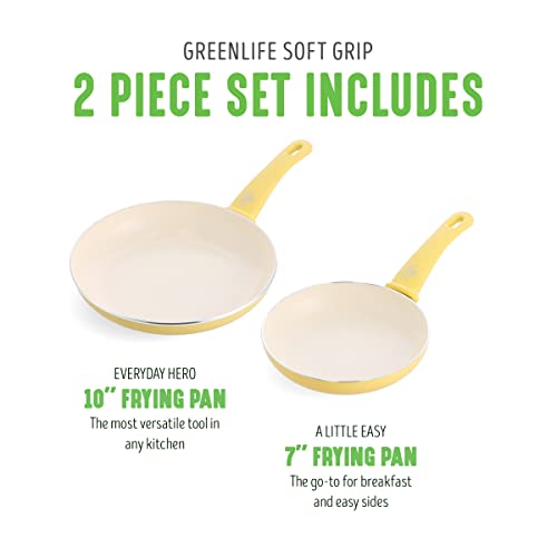 GreenLife Soft Grip Healthy Ceramic Nonstick, 7" and 10" Frying Pan Skillet Set, PFAS-Free, Dishwasher Safe, Yellow