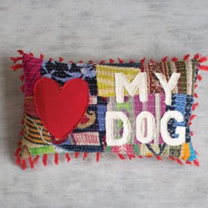 Love My Dog Kantha Throw Pillow Soft Patchwork Multicolor Red Tassel Rectangle