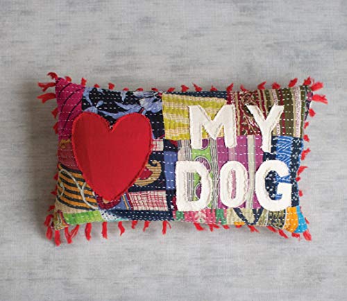 Love My Dog Kantha Throw Pillow Soft Patchwork Multicolor Red Tassel Rectangle