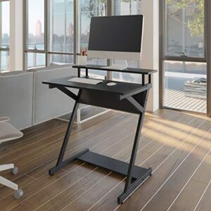 FITUEYES Computer Desk for Small Spaces,27.6" Z-Shaped Compact Study Table with Monitor & Bottom Shelves for Home Office, Black