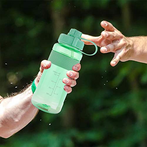 GTI 32 oz Water Bottle with Straw, BPA Free Leak Proof Wide Mouth Portable Sports Water Jugs for Fitness And Outdoor Enthusiasts, Plastic Drink Water Bottle with Scale Strap - Green