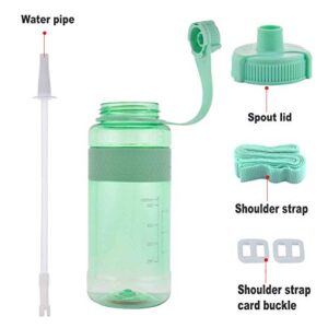 GTI 32 oz Water Bottle with Straw, BPA Free Leak Proof Wide Mouth Portable Sports Water Jugs for Fitness And Outdoor Enthusiasts, Plastic Drink Water Bottle with Scale Strap - Green